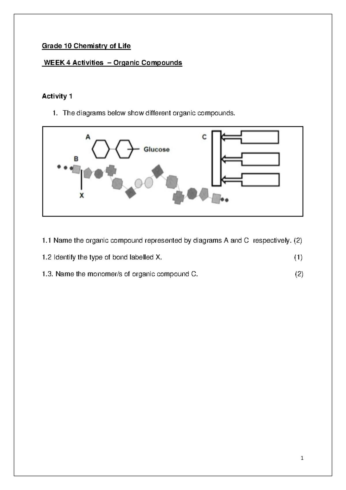 Grade 10 Chemistry of Life Wk 4 Activities on Organic Compounds - Studocu