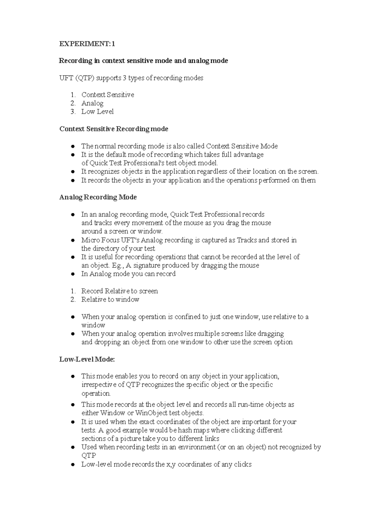 STM LAB - UFT Recording Modes and Checkpoints Explained - Studocu