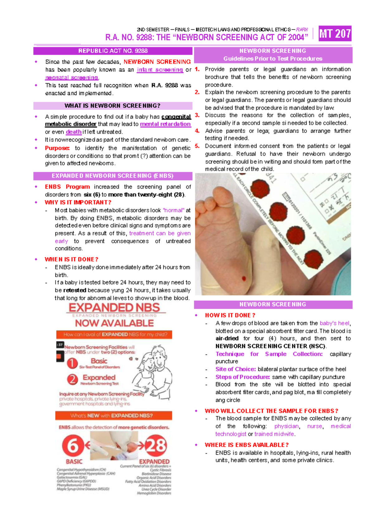 Newborn screening notes for 2nd semester finals MedTech laws and ...