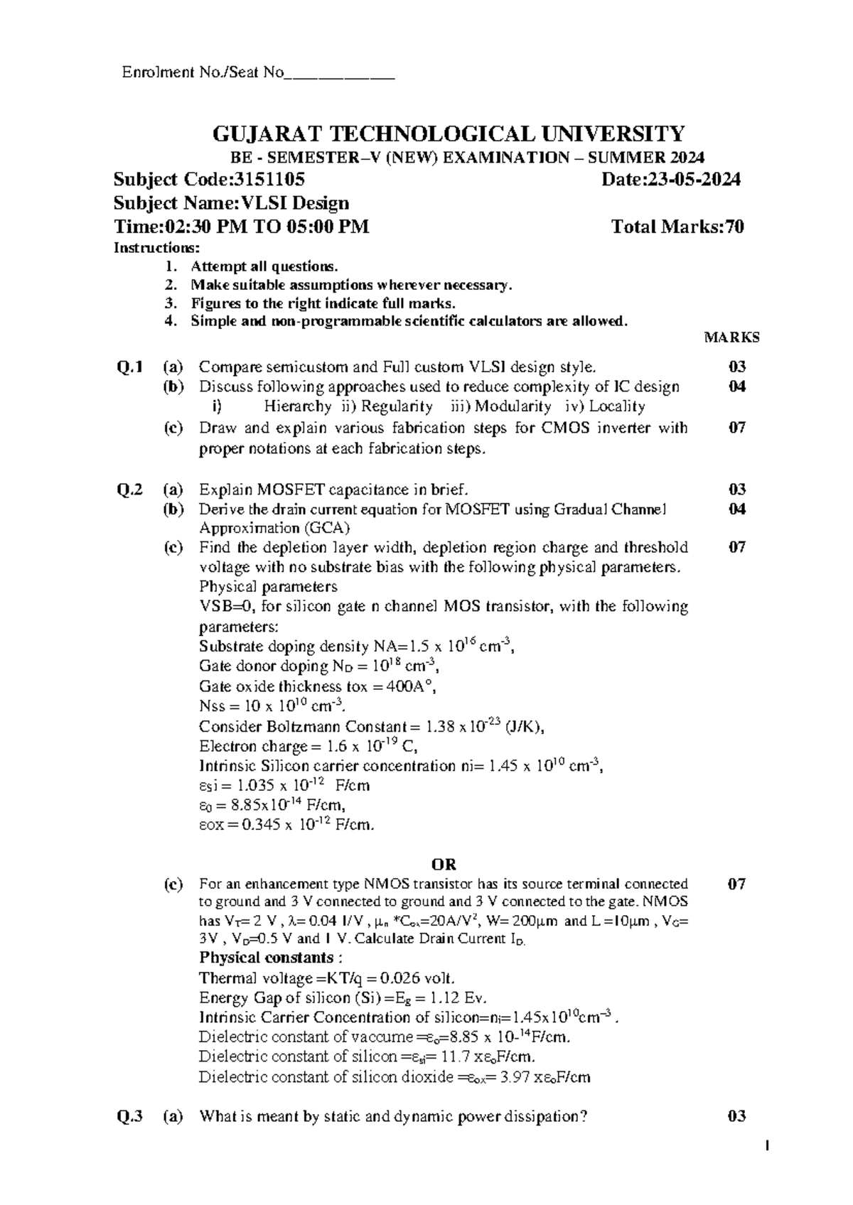 3151105 - VLSI Design Examination Paper - Summer 2024 - Studocu