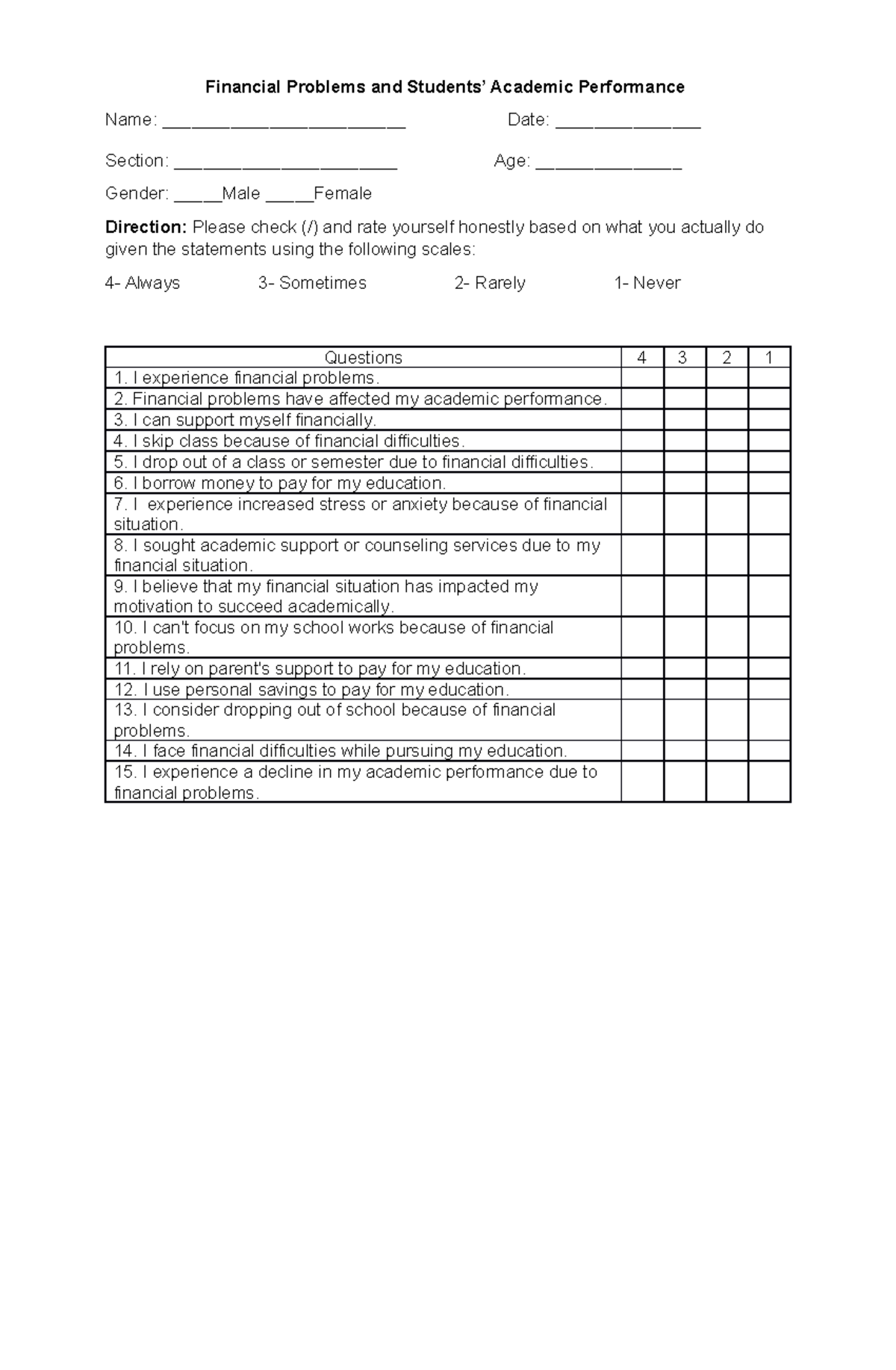 Survey Questionnaire on Financial Issues and Academic Performance PR2 ...