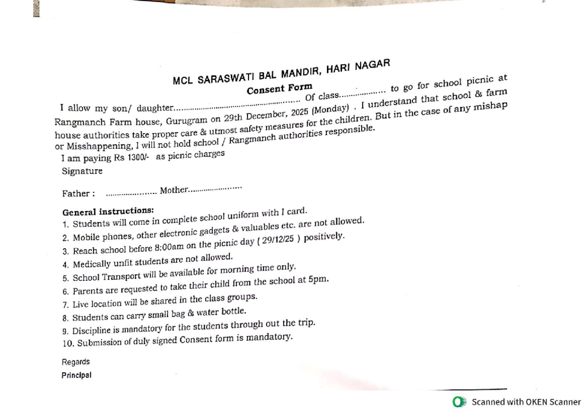 MCL SARASWATI BAL MANDIR Consent Form for School Picnic on Dec 29, 2025 ...
