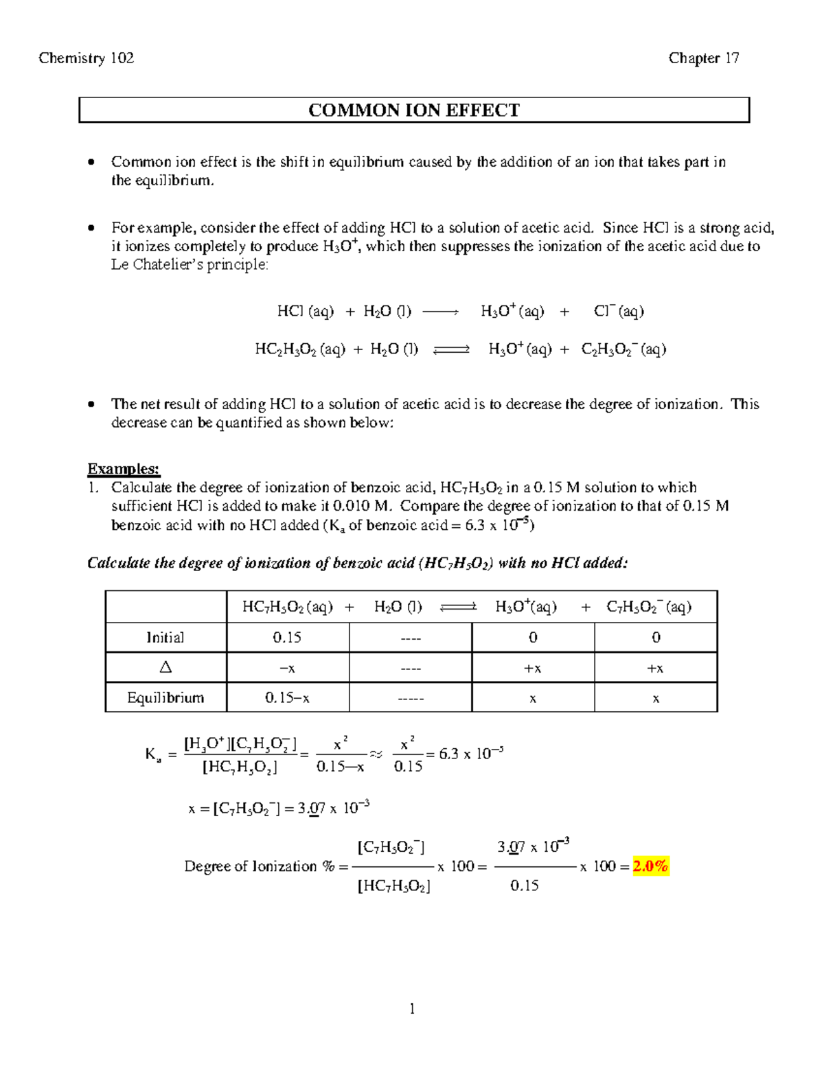 Chemistry 102 Chapter 17: Common Ion Effect & Buffer Solutions Notes ...
