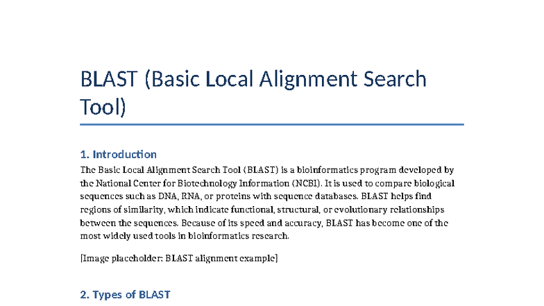 BLAST (Bioinformatics Tool) Overview and Types - Report 5 Pages - Studocu