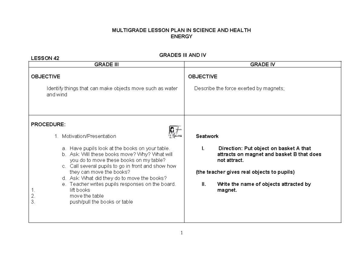 Multigrade Lesson Plan: Science & Health (Grades III-IV) - Energy - Studocu