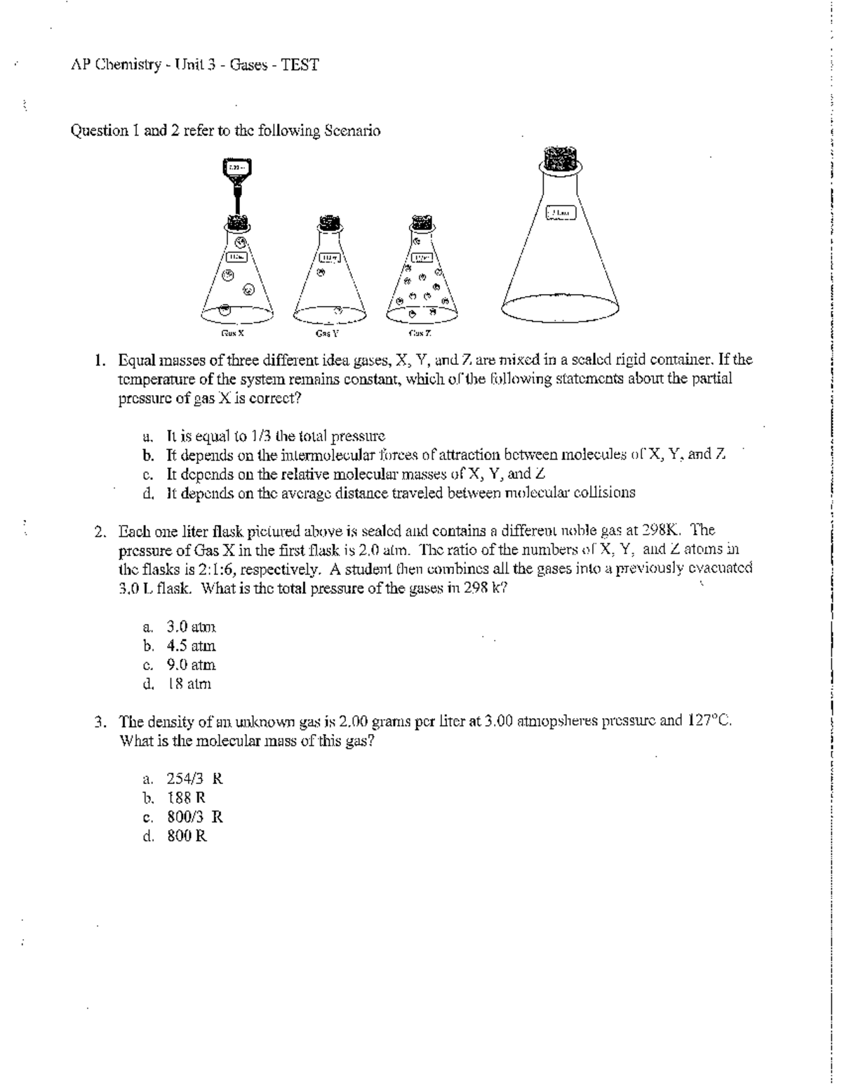 AP Chemistry Unit 3 Gases Test - Multiple Choice Questions - Studocu