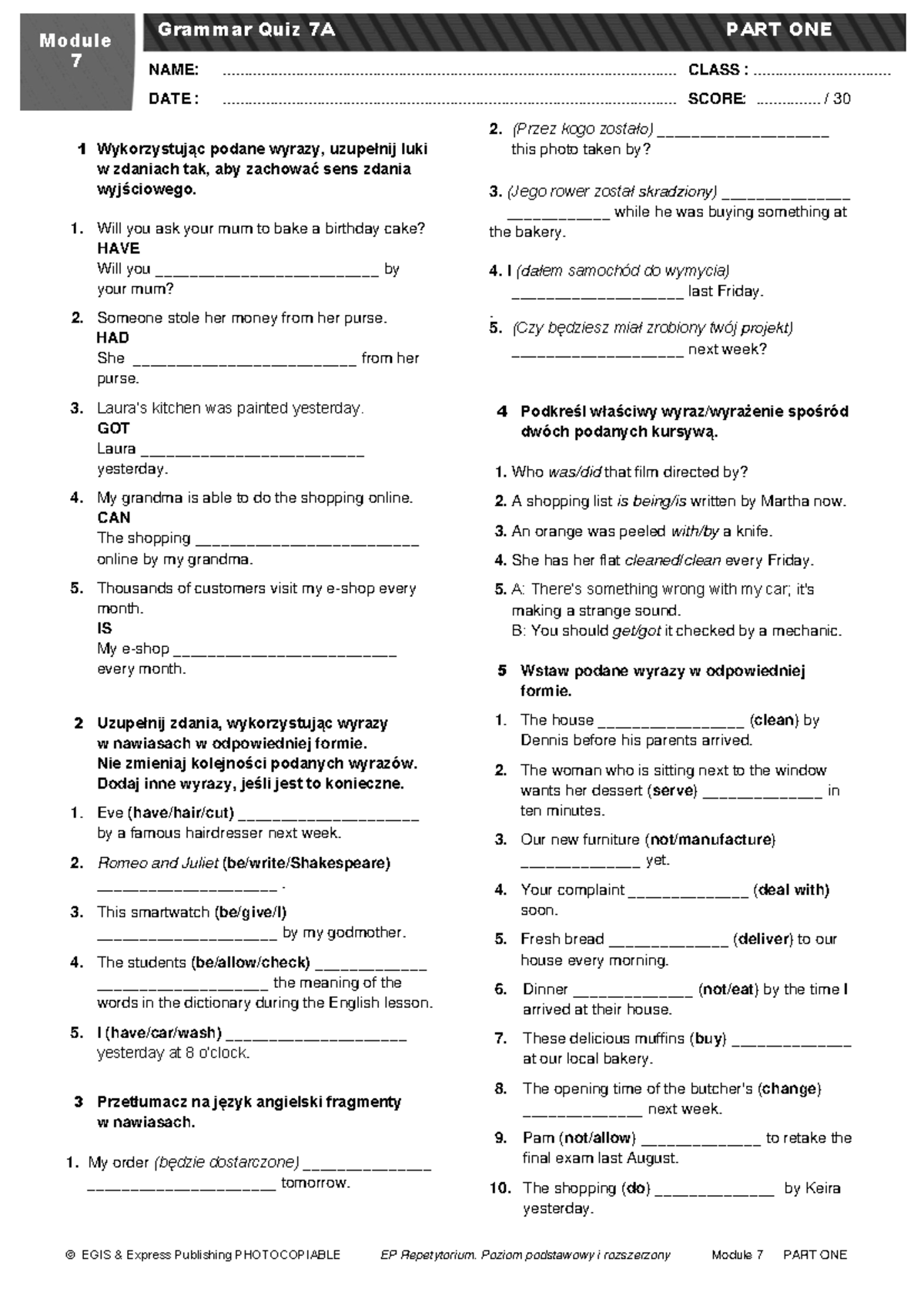 Grammar Quiz 7A: Repetytorium Module 7 Practice Questions - Studocu