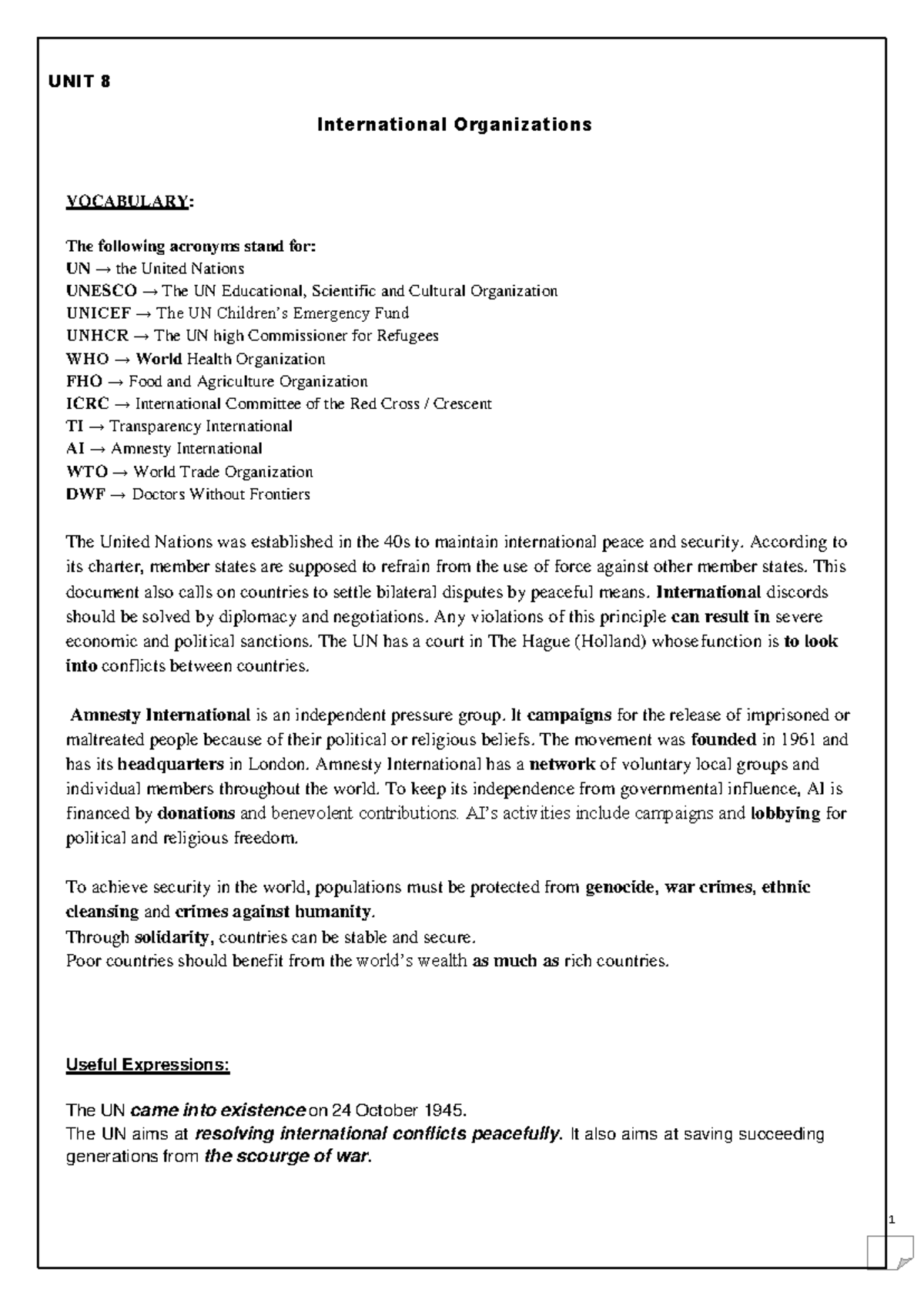 Unit 8 - Overview of International Organizations and Their Roles - Studocu