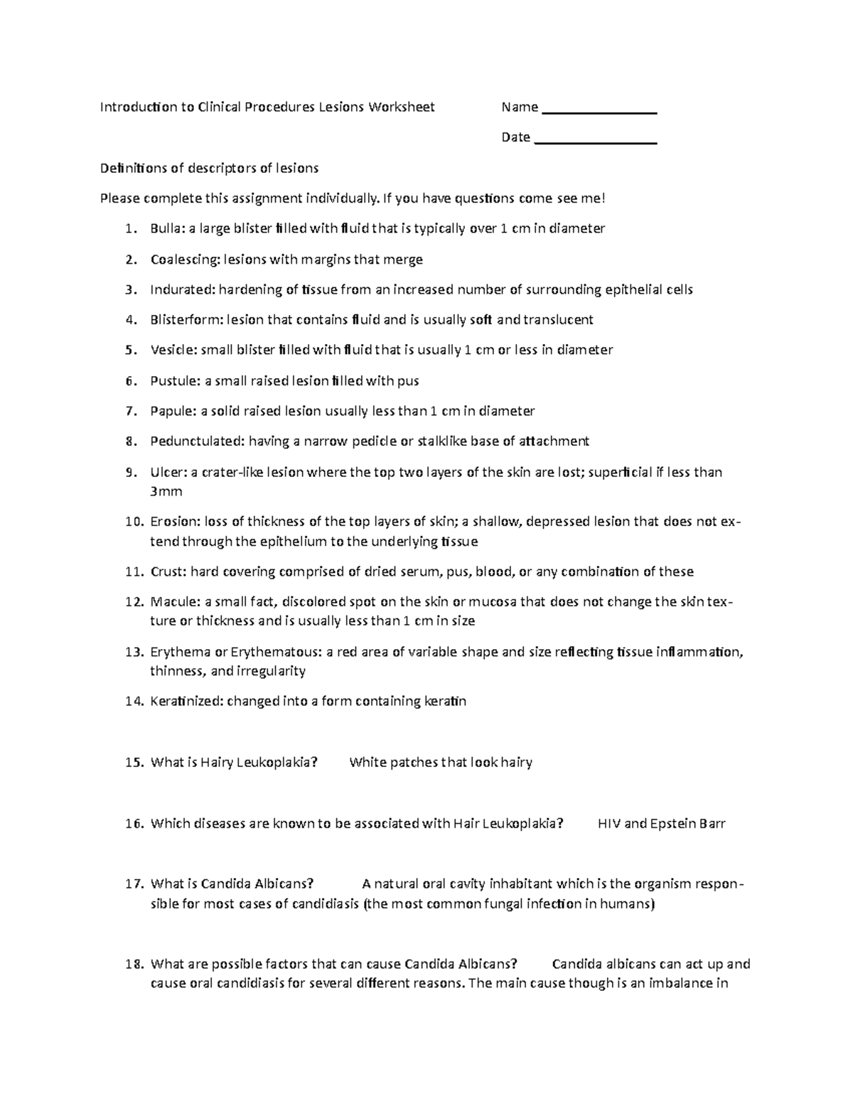 Intro to Clinical Procedures: Lesions Worksheet PDF - Studocu