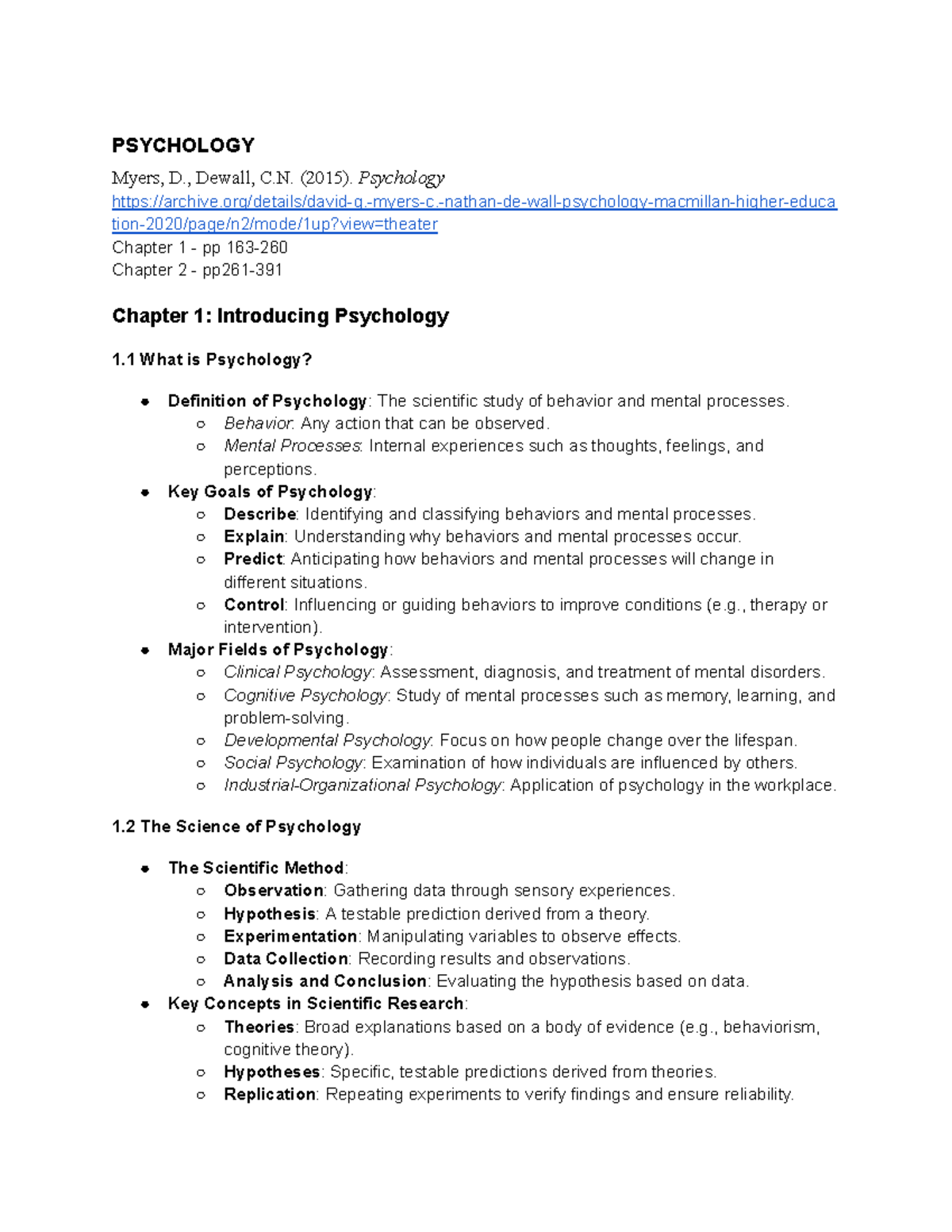 Psychology Chapters 1 & 2 Overview - Myers & Dewall (2015) - Studocu