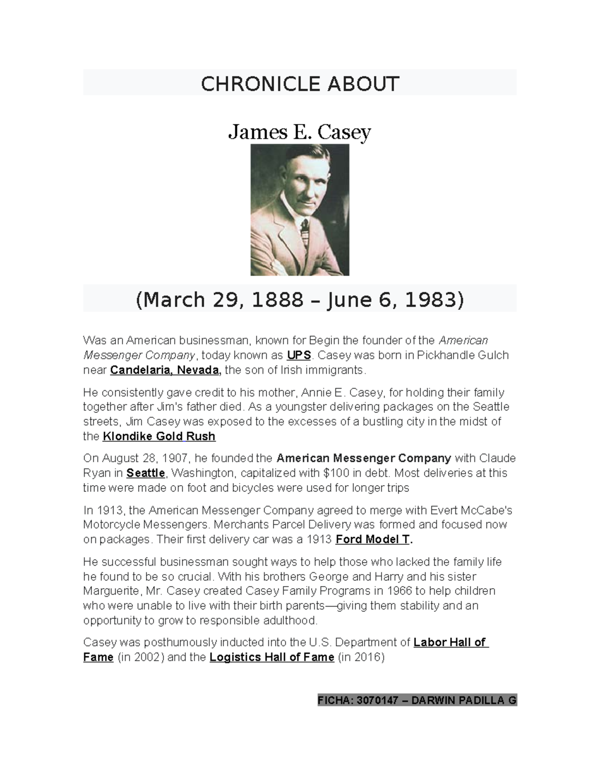 Crónica sobre James E. Casey: Fundador de UPS - Studocu