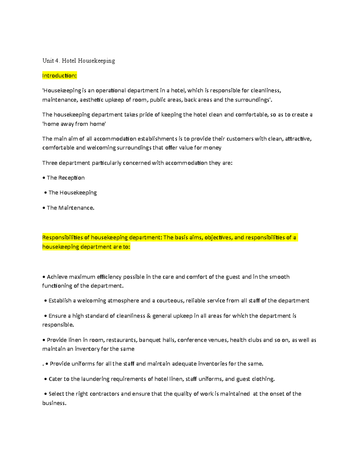 Unit 4: Comprehensive Guide to Hotel Housekeeping Management - Studocu