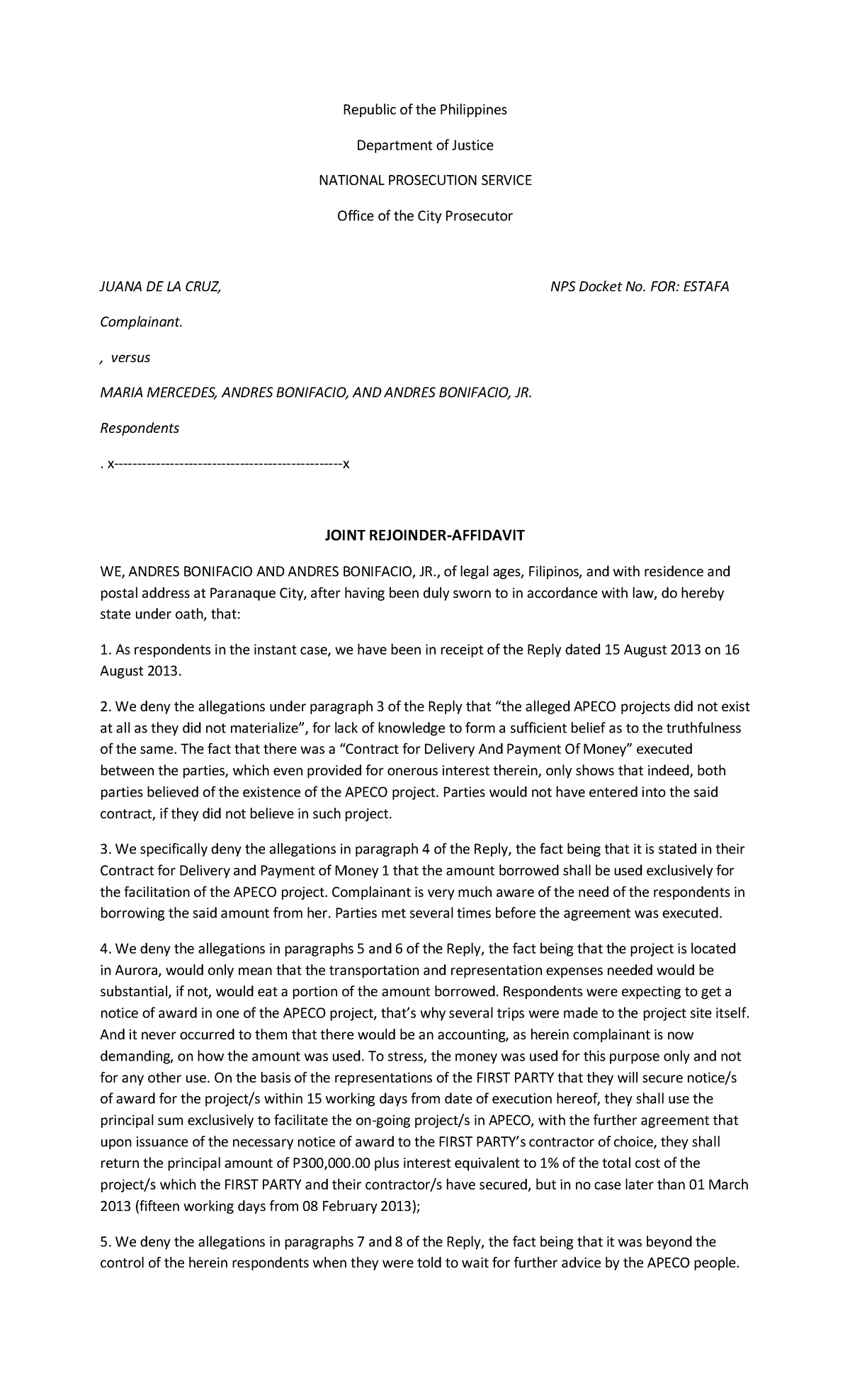 Rejoinder Affidavit - Republic of the Philippines Department of Justice ...