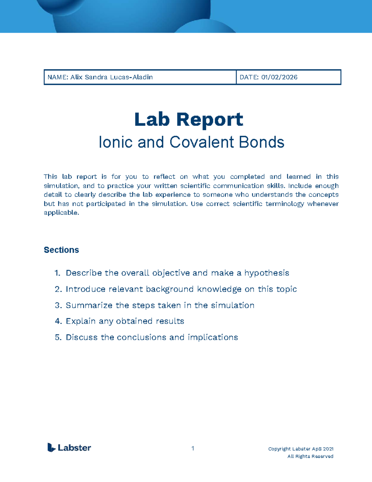 Lab Report: Ionic and Covalent Bonds Analysis (CHEM 101) - Studocu