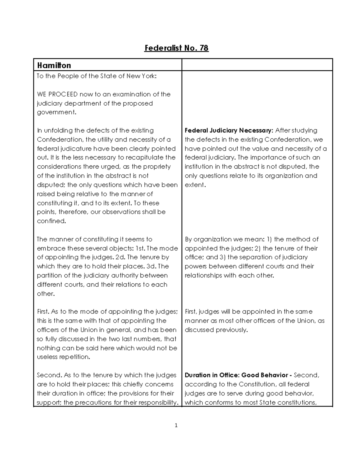 Federalist No 78 Key - Federalist No. 78 Hamilton To the People of the ...