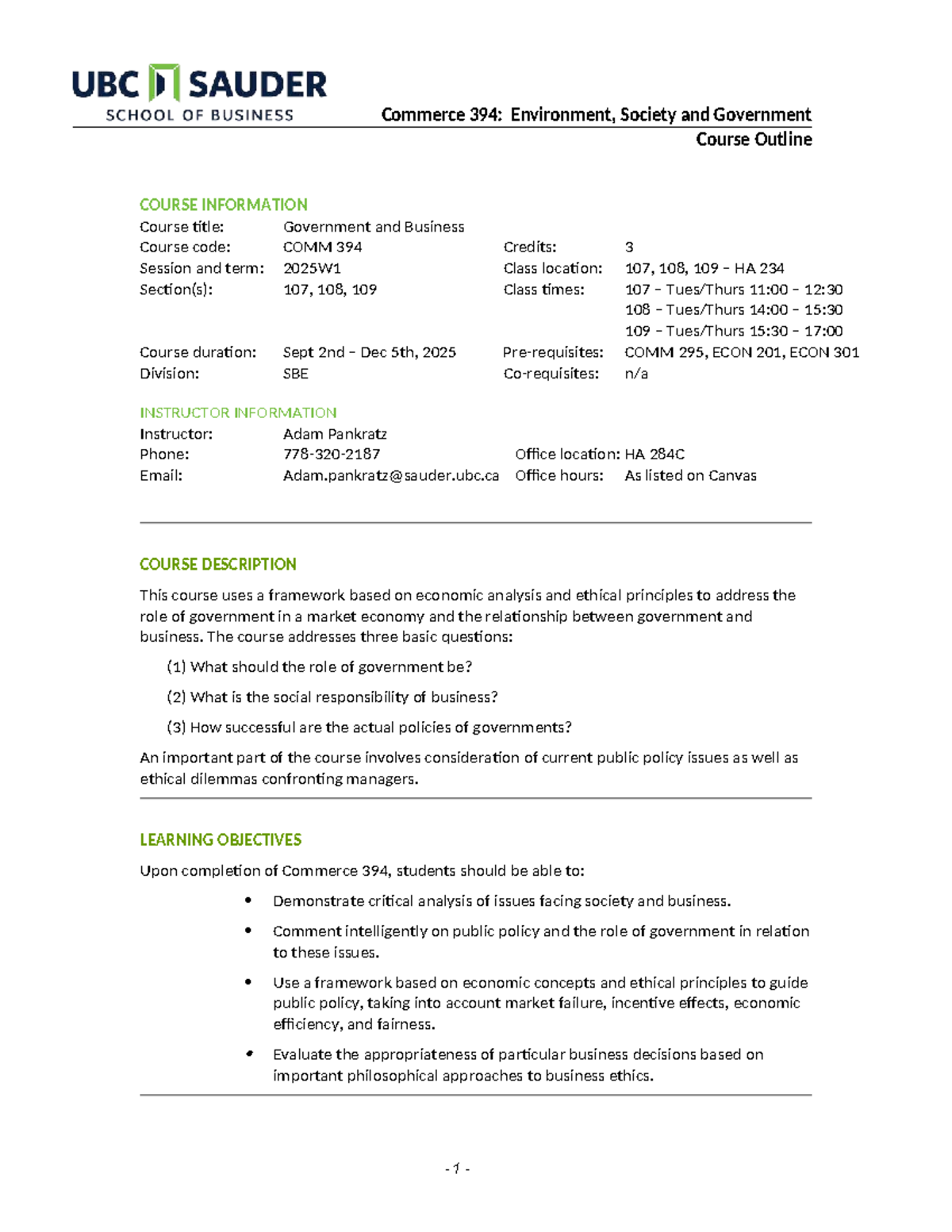 Commerce 394: Government and Business Course Outline (2025W1) - Studocu