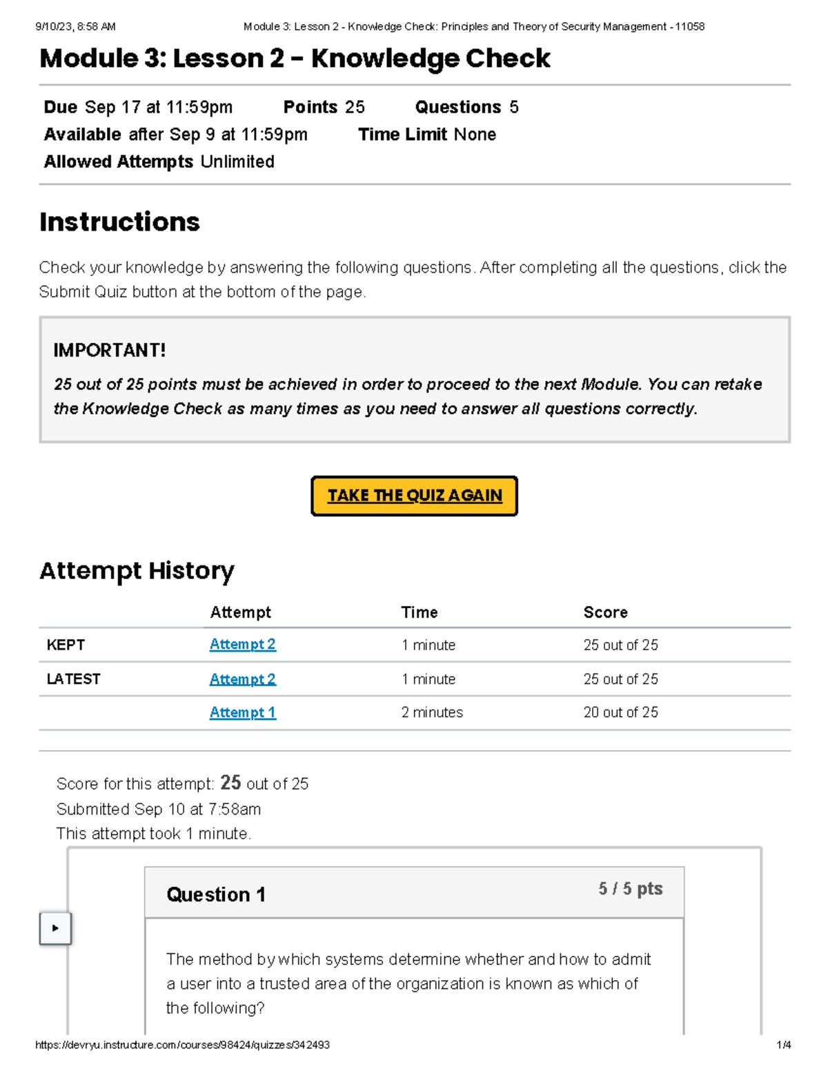 Module 3 Lesson 2 - Knowledge Check Principles and Theory of Security ...