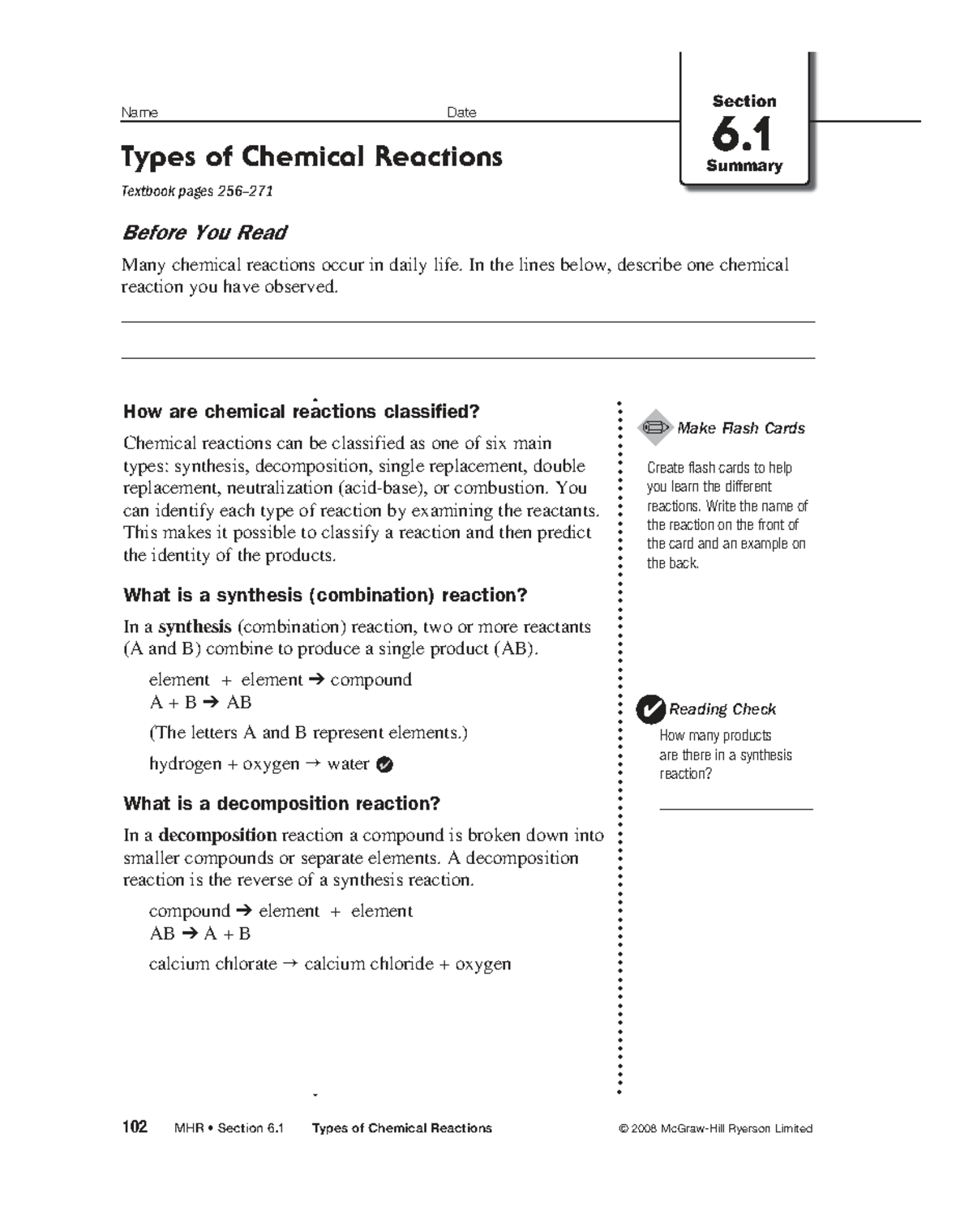 Types of Chemical Reactions Summary (Section 6.1) - Key Concepts and ...