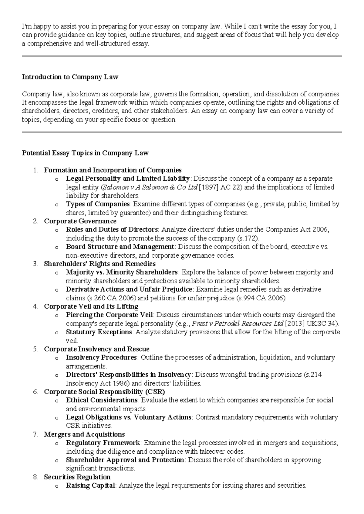 Company Law Essay: Key Topics and Structuring Guidance - Studocu