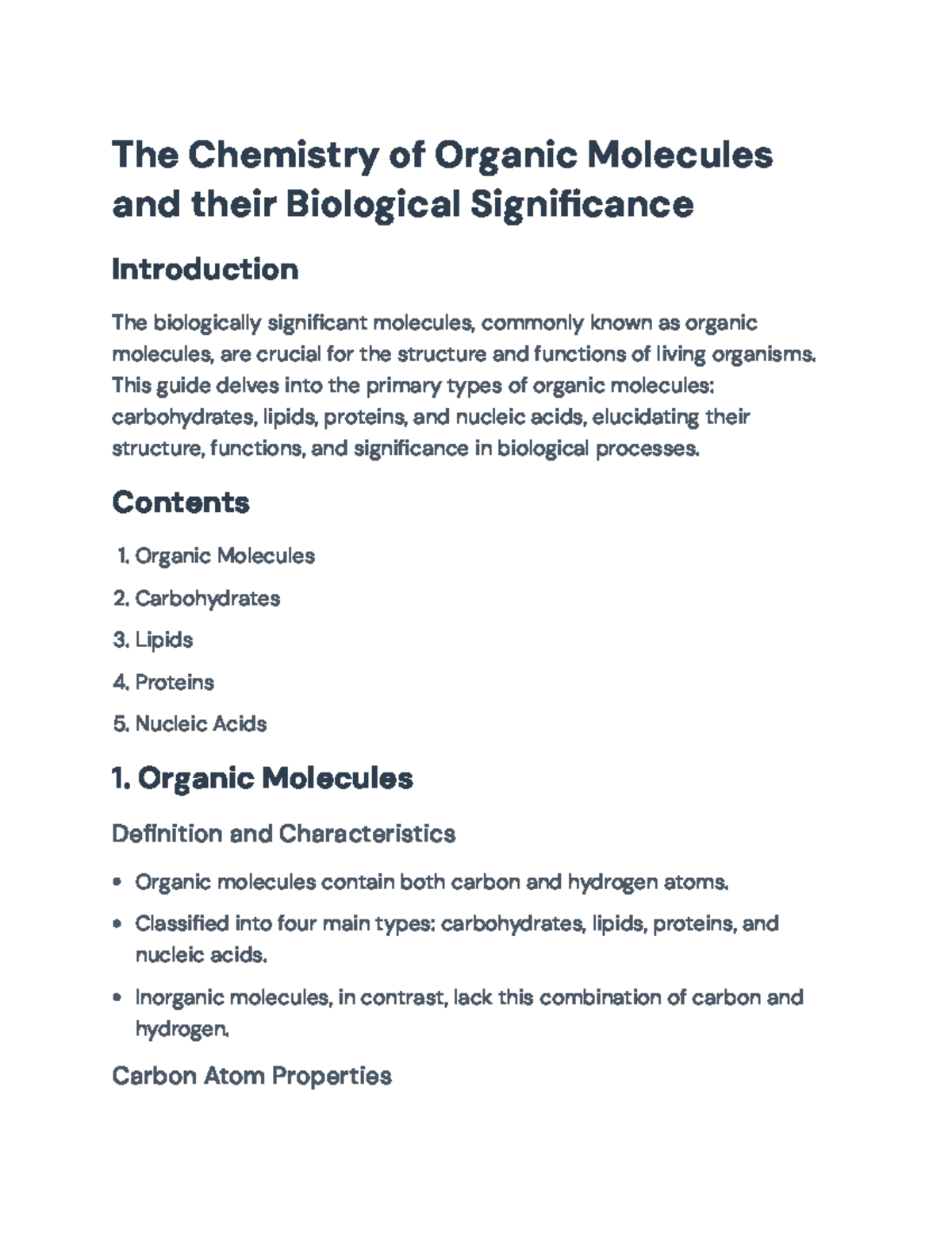The Chemistry of Organic Molecules and Their Biological Importance ...
