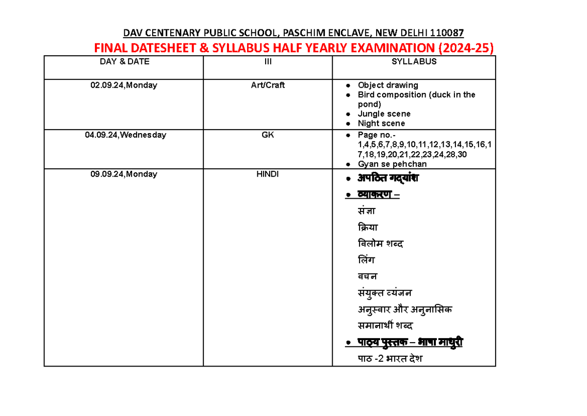 DAV CENTENARY PUBLIC SCHOOL CLASS 3 FINAL HALF YEARLY EXAM DATESHEET ...