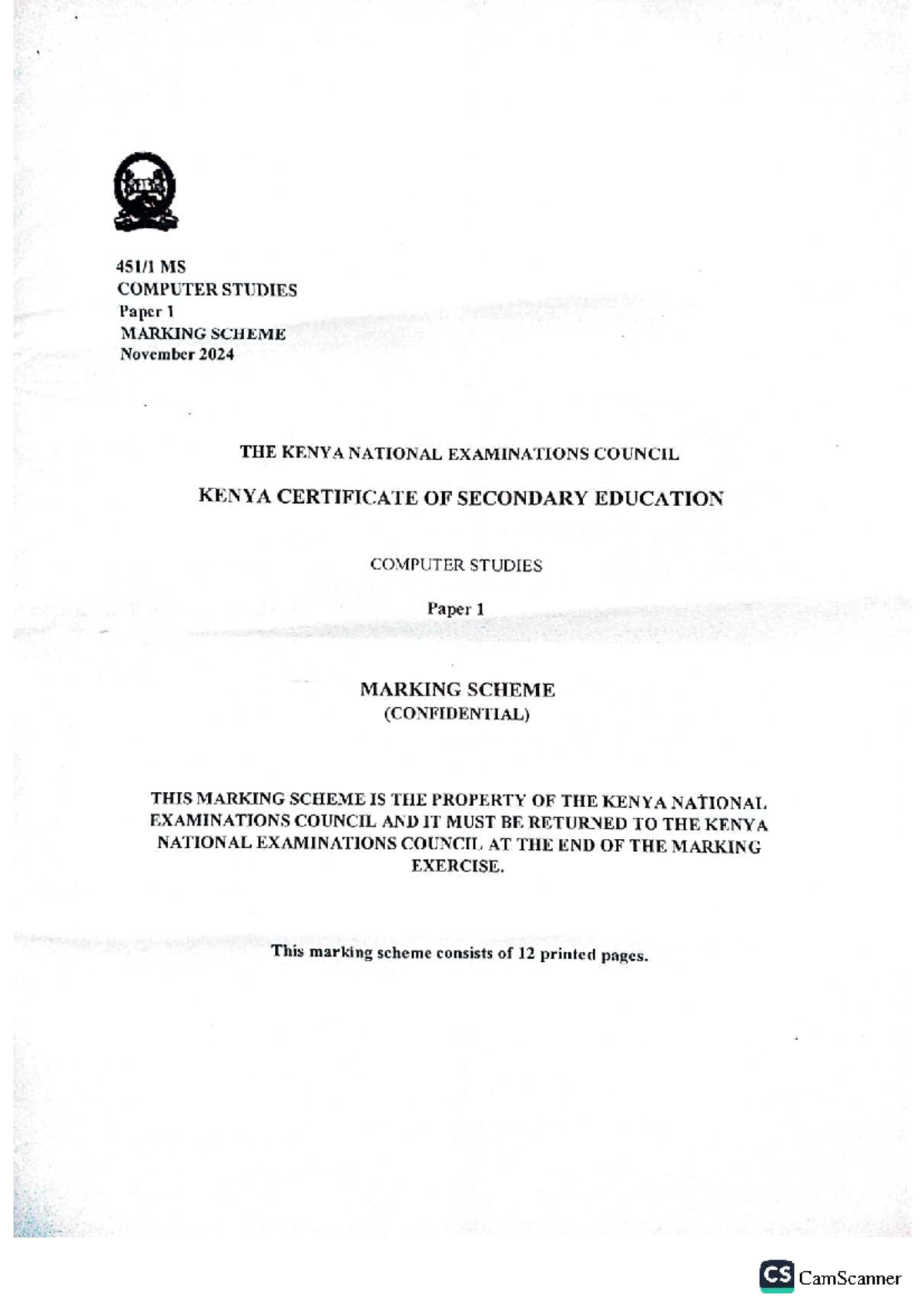 MS CS 2024 Paper 1 Marking Scheme - Kenya National Examinations Council ...