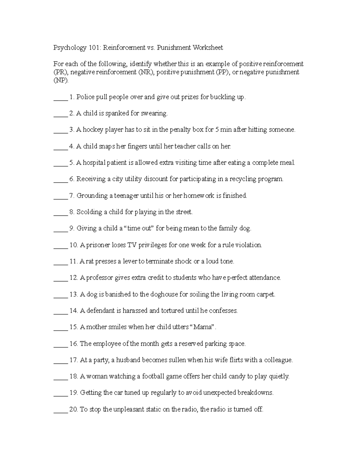 Psychology 101: Reinforcement and Punishment Worksheet Analysis - Studocu