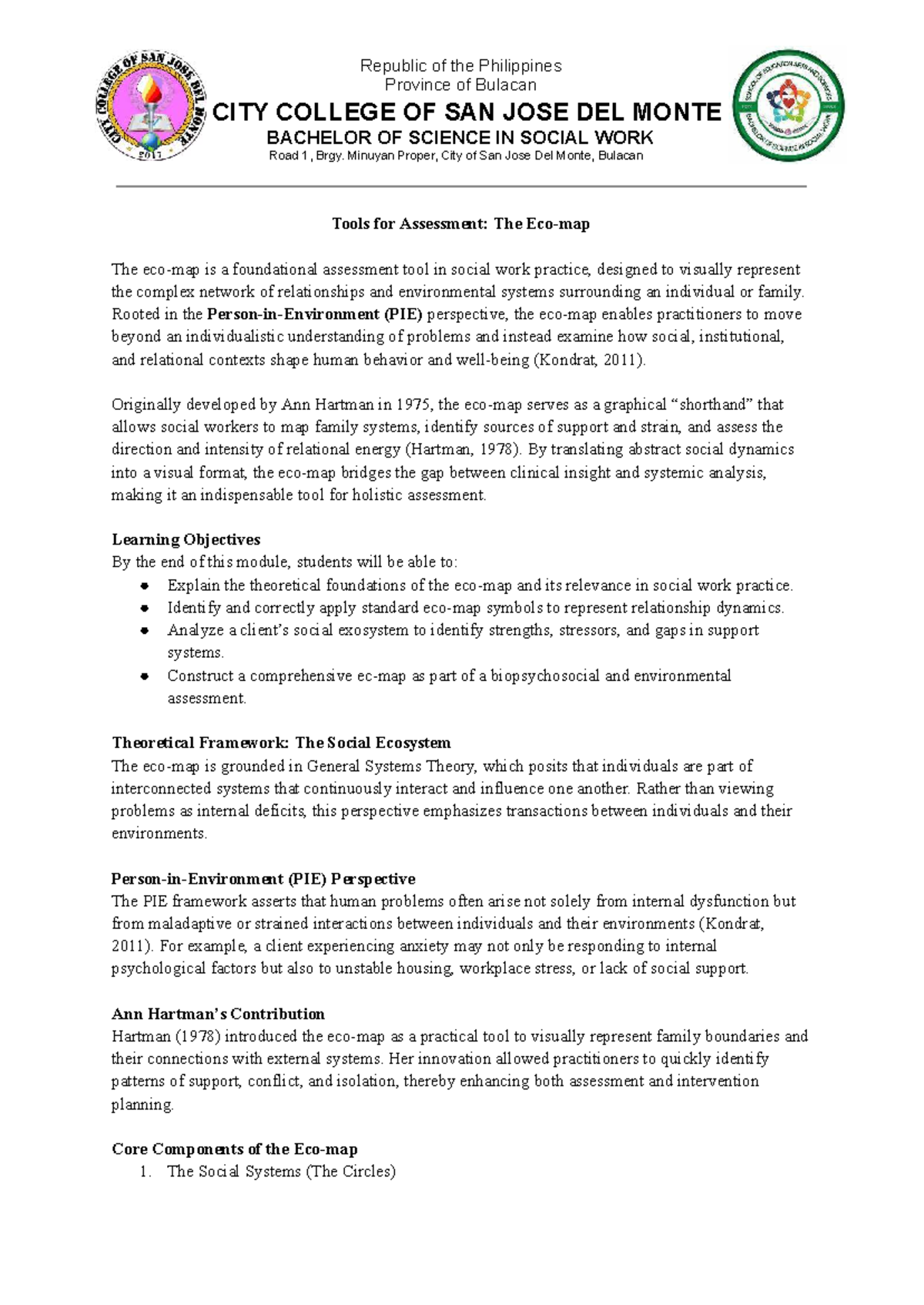 SESW-The Ecomap: A Holistic Assessment Tool in Social Work - Studocu