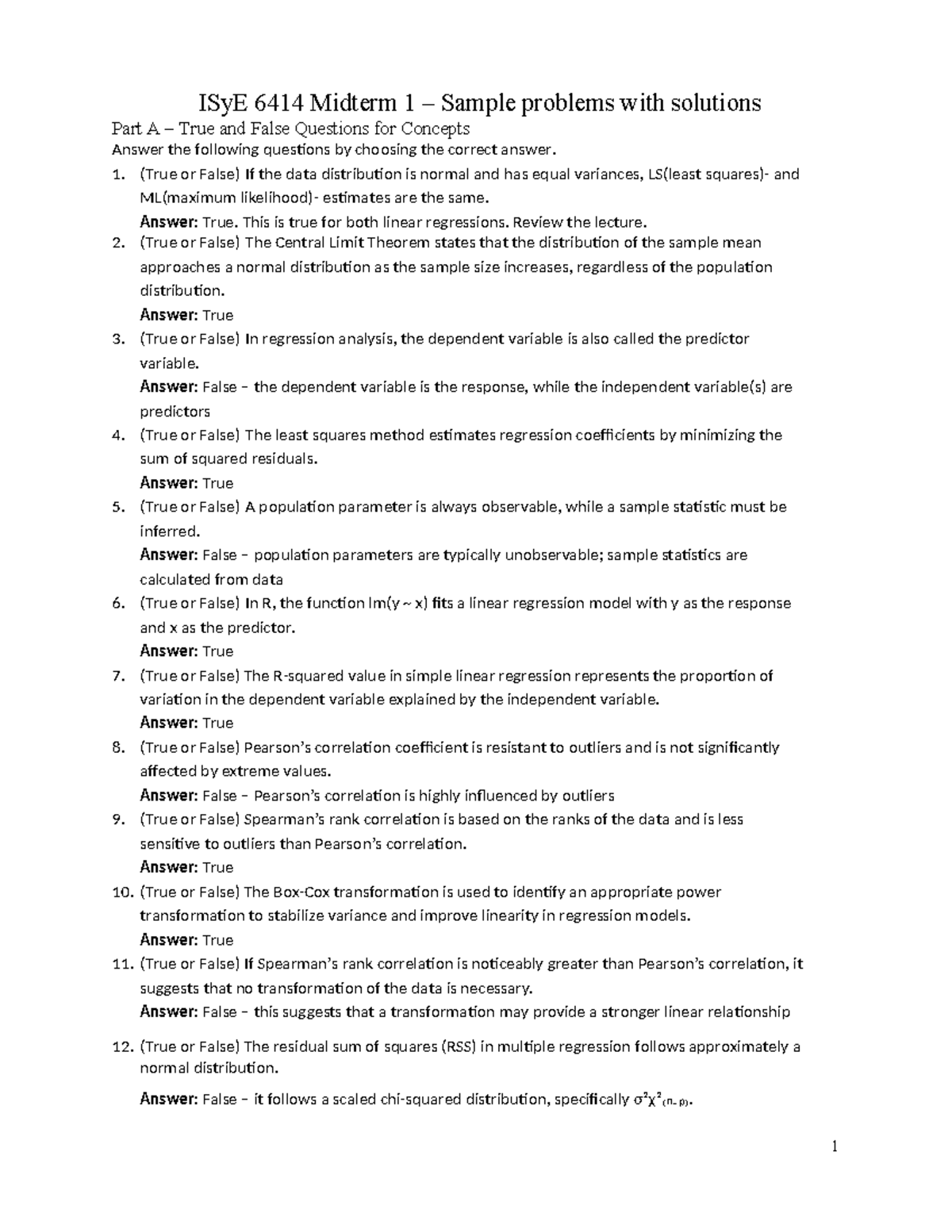 ISyE 6414 Midterm 1 Sample Problems & Solutions: True/False & Calculations - Studocu