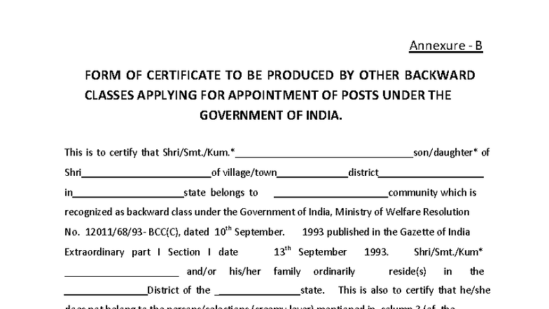 OBC Certificate Format for Government Appointment Applications - Studocu