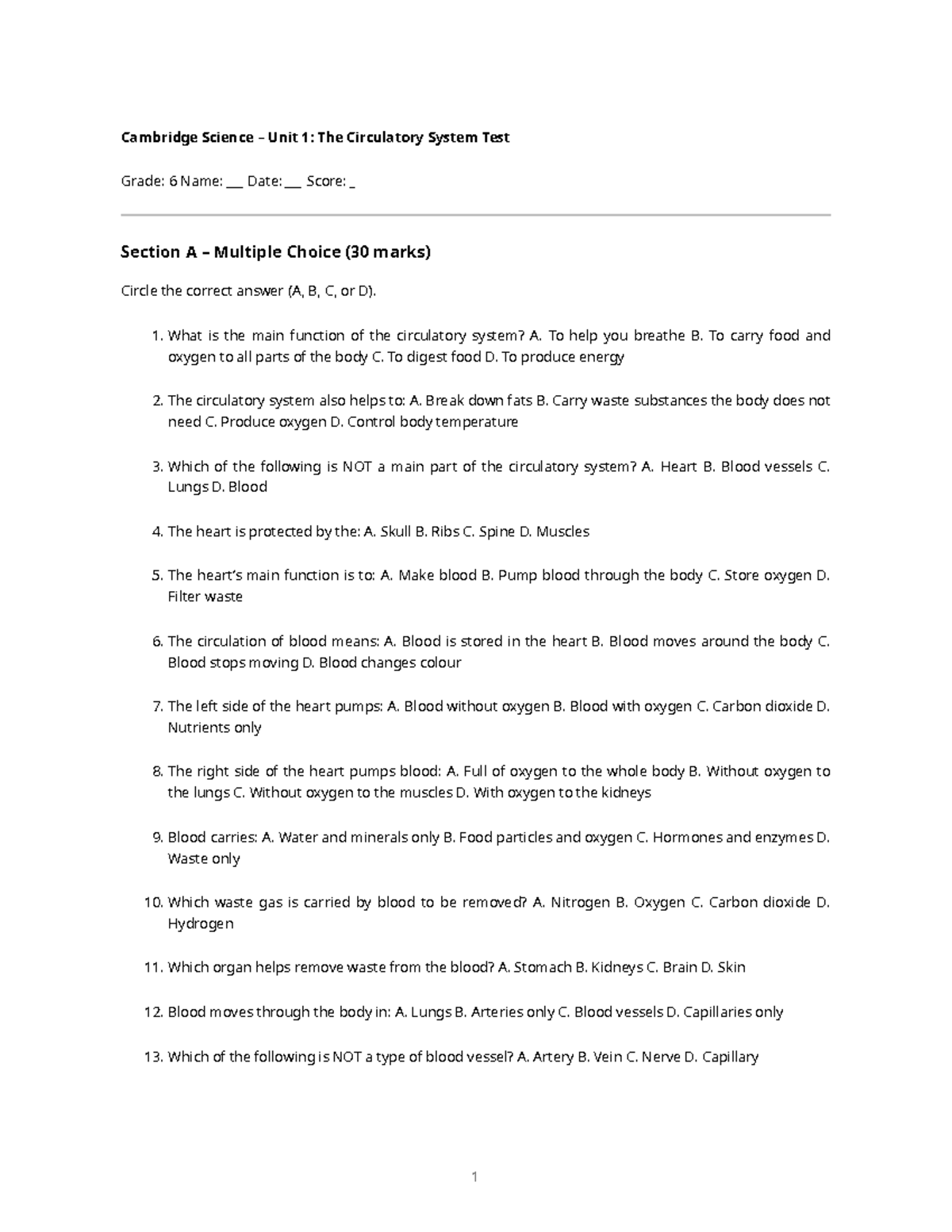 Grade 6 Science Unit 1: The Circulatory System Lecture Notes - Studocu