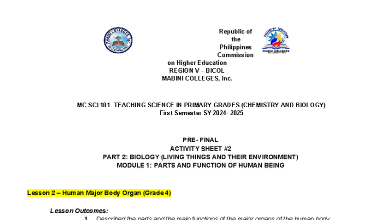 MSCI Teaching Science in Primary Grades: Biology Activity Sheet #2 ...