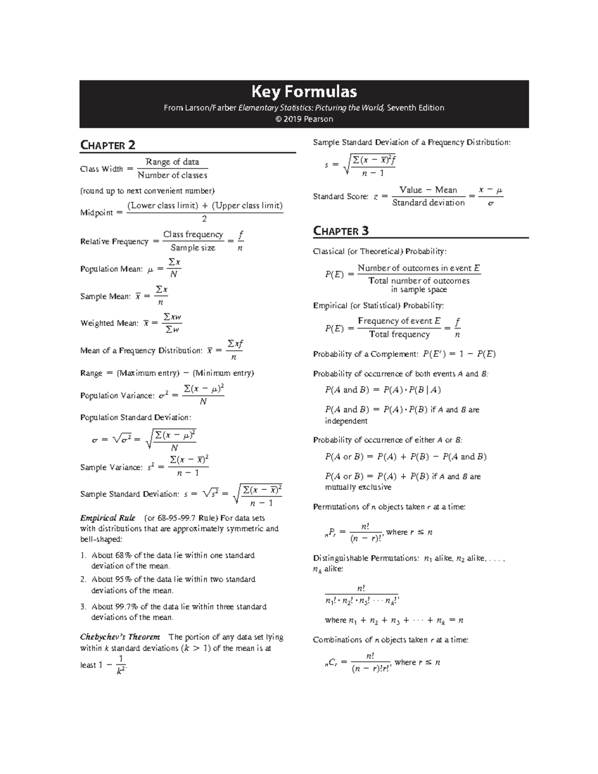 Elementary Statistics: Key Formulas & Concepts - Chapters 2 to 10 - Studocu