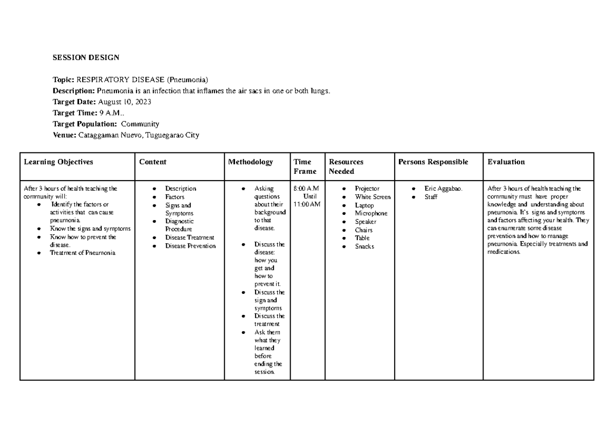 Session Design - REVIEWER - SESSION DESIGN Topic: RESPIRATORY DISEASE ...