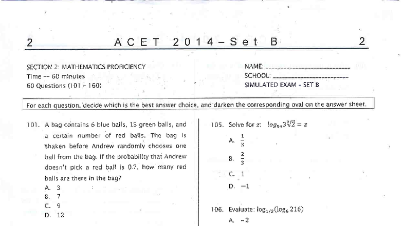 ACET 2014 Set B Simulated Exam Section 2: Math Proficiency - Studocu