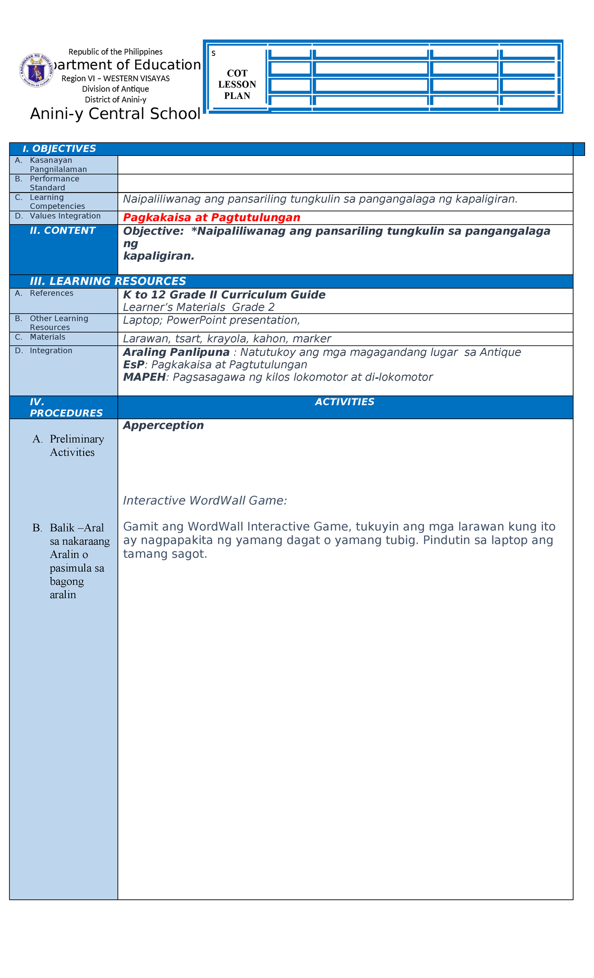 3rd Quarter Lesson Plan for Grade 2 - Environmental Awareness - Studocu