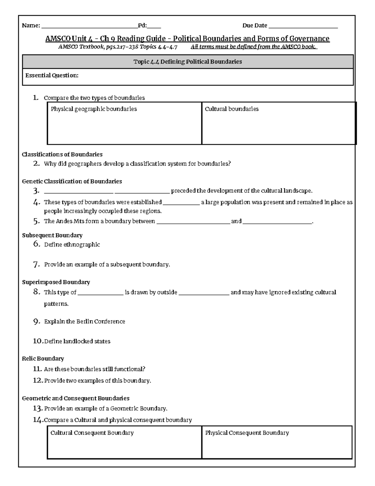 AMSCO Unit 4 Ch 9 Reading Guide: Political Boundaries & Governance ...
