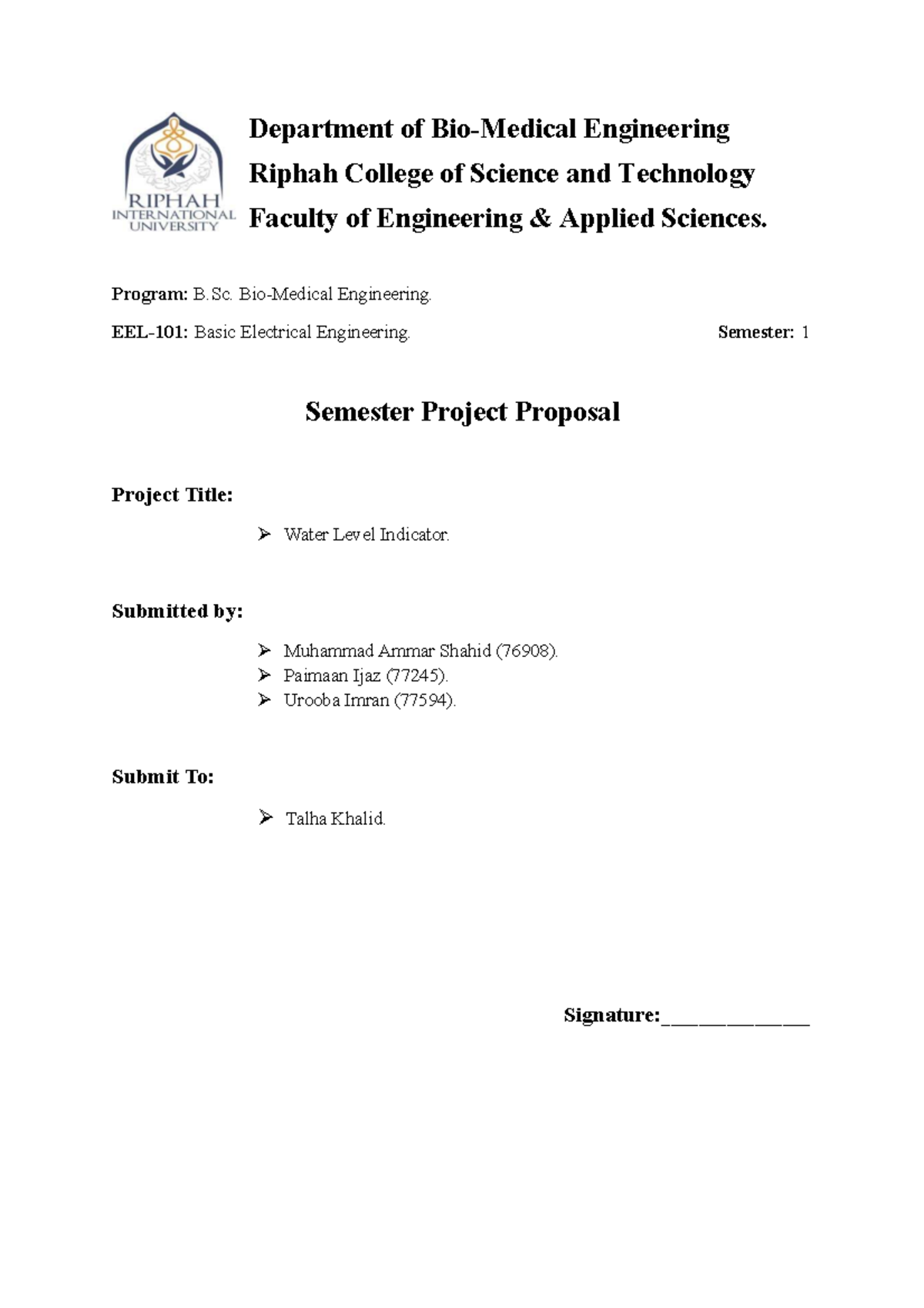 BEE 1st Semester Project Proposal: Water Level Indicator Design - Studocu