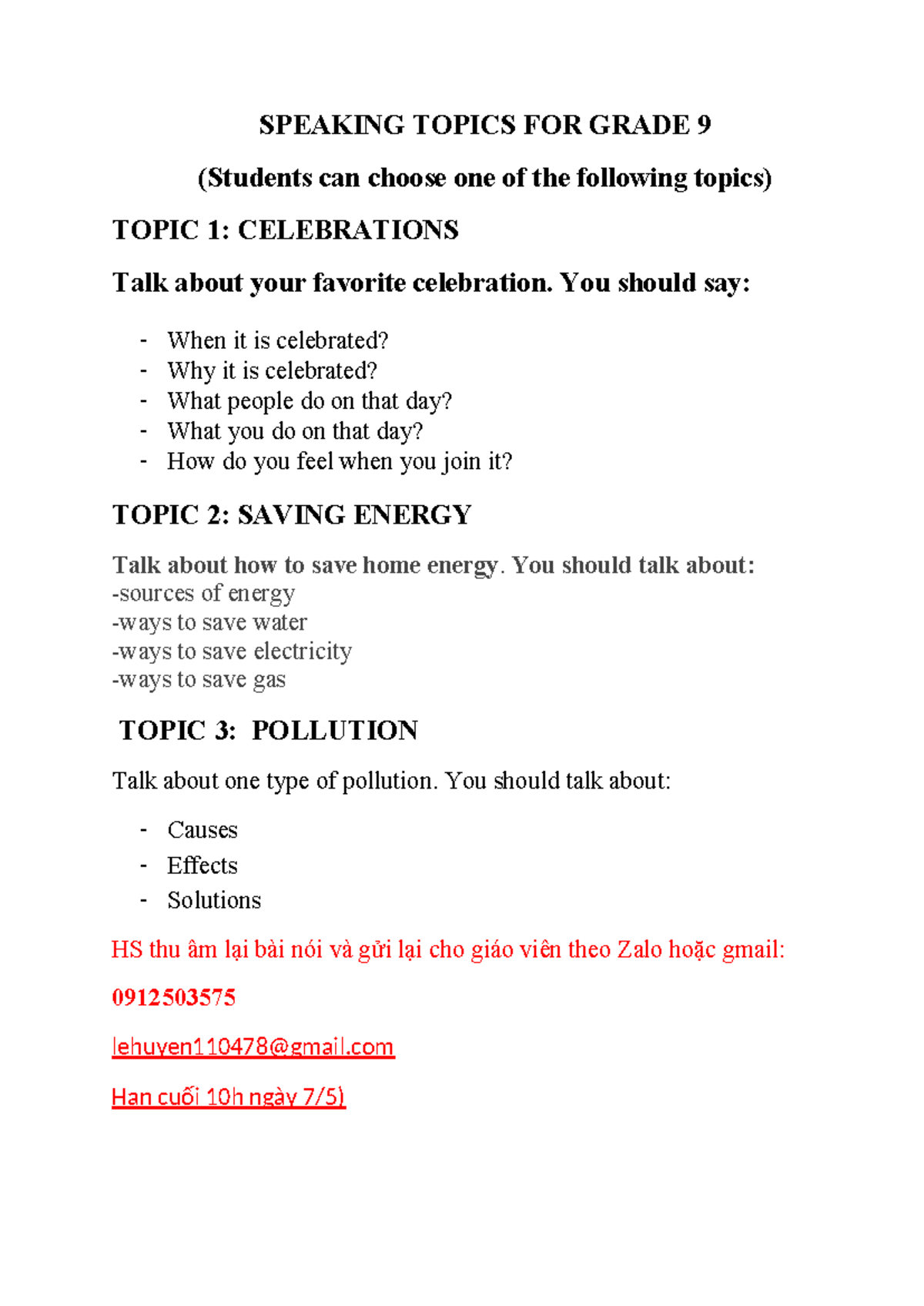 SPEAKING TOPICS FOR GRADE 9: CELEBRATIONS, ENERGY & POLLUTION - Studocu
