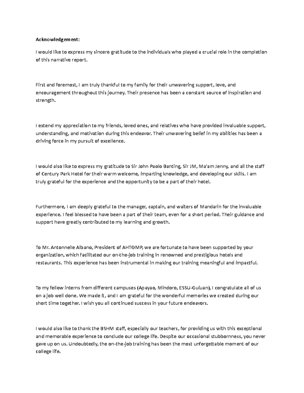 Narrative Report on OJT Experience at BSHM and Partner Establishments ...