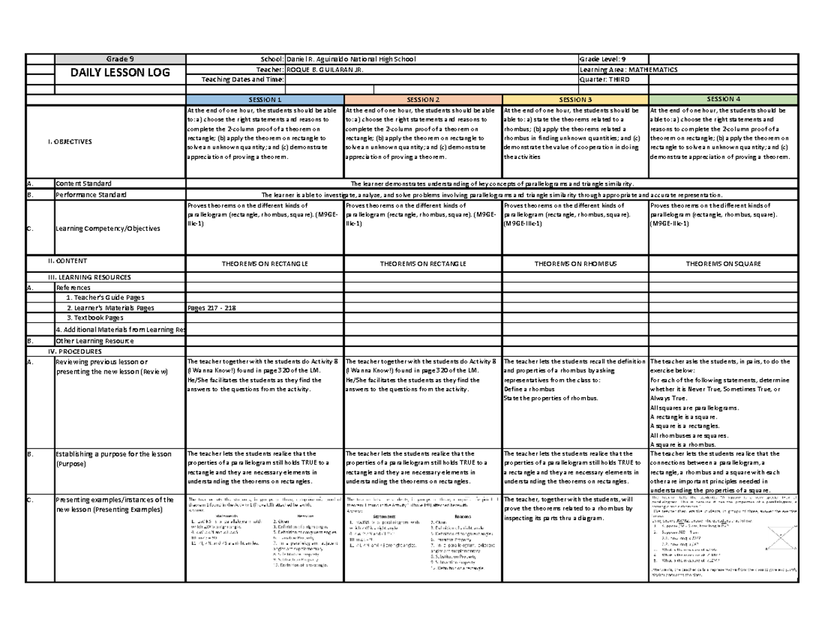 Grade 9 DAILY LESSON LOG: MATH9-3RD-W6 - Similar Triangles and Polygons ...