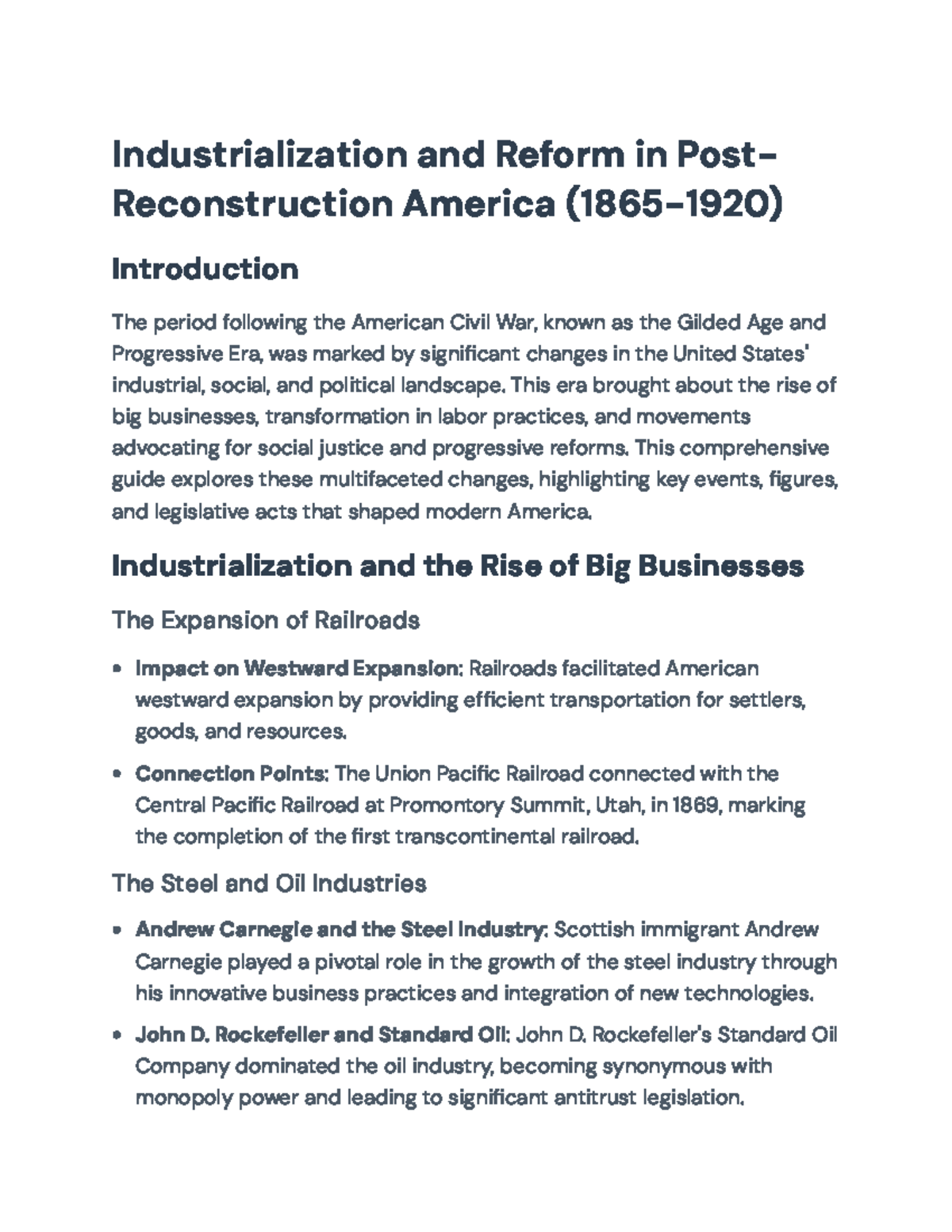 Industrialization and Reform in Post-Reconstruction America (1865-1920 ...