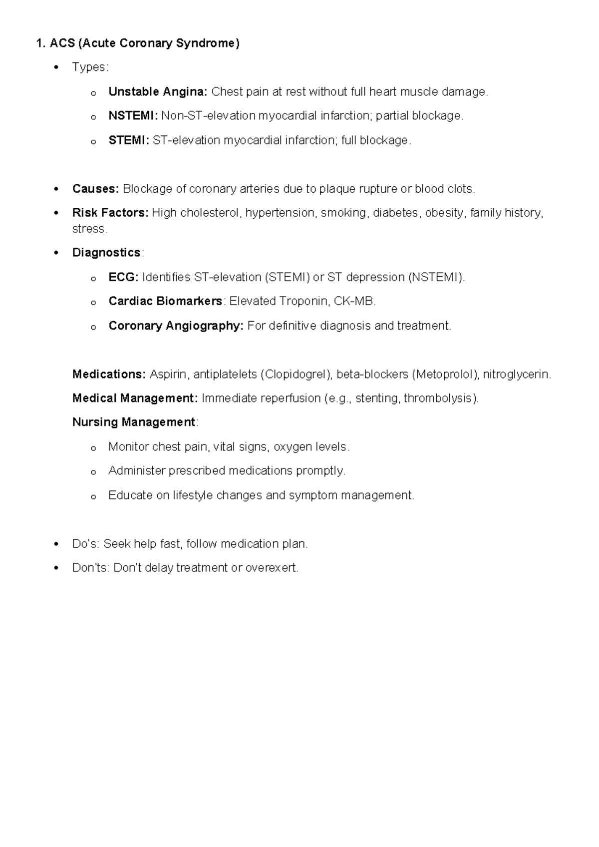 Cardio - 1. ACS (Acute Coronary Syndrome) Types: o Unstable Angina ...