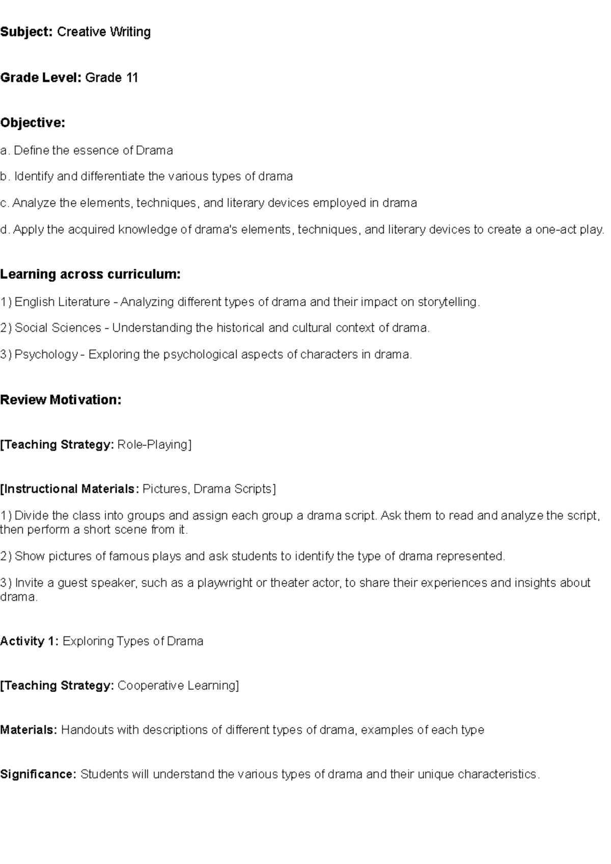 Creative Writing Lesson Plan: Drama Elements & One-Act Play Project ...