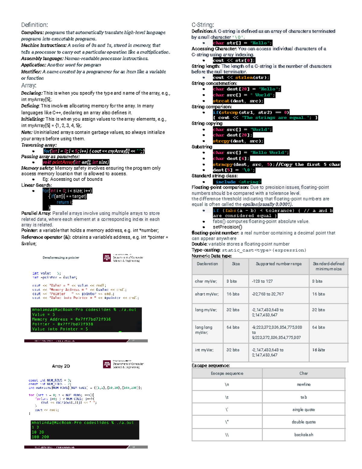 CSCE 121 Exam1 Cheat Sheet - Definition: Compilers: programs that ...