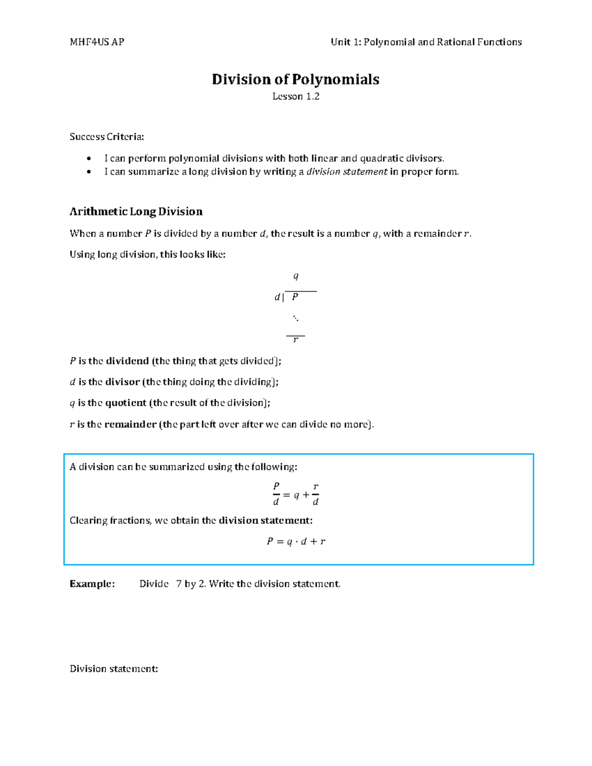 MHF4US AP Unit 1: Polynomial Division Lesson 1.2 Overview and Exercises ...