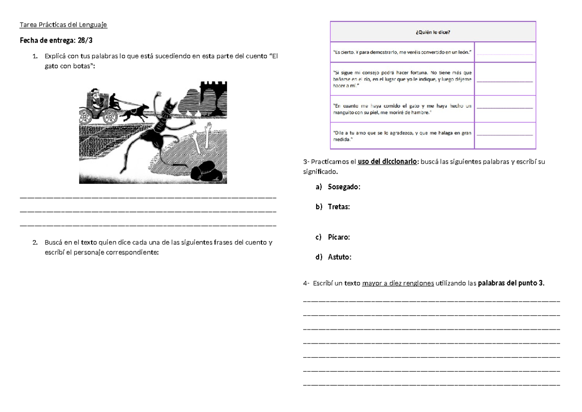 Tarea el gato con botas - Tarea Prácticas del Lenguaje Fecha de entrega ...
