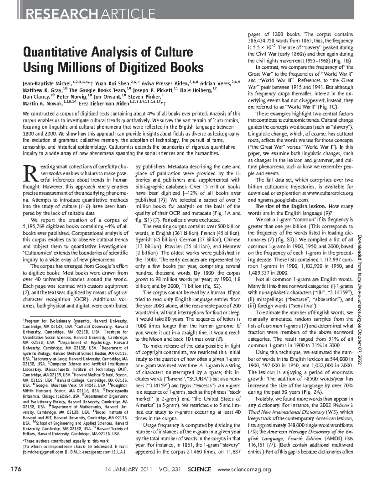 Science - Hoop dat dit helpt - Quantitative Analysis of Culture Using Millions of Digitized ...