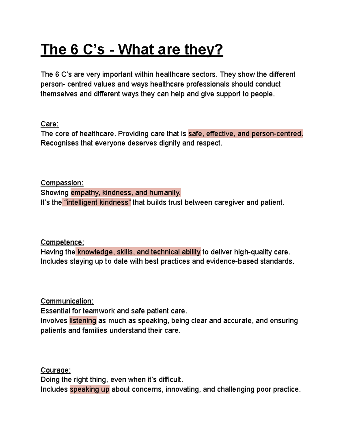 The 6 C's in Healthcare: Core Values and Practices - Studocu