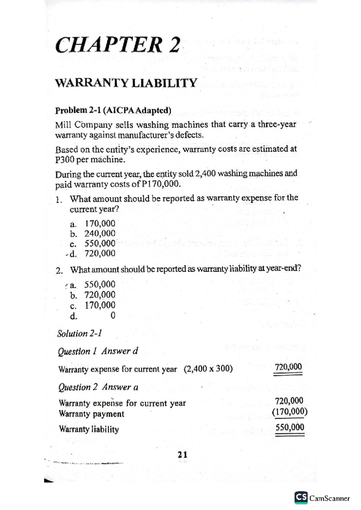 Warranty Liability Analysis and Calculations (ACCT 21 CS) - Studocu